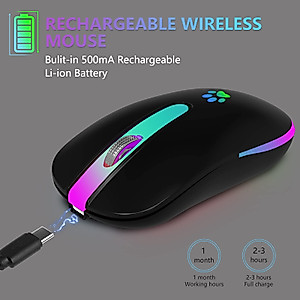 FUWANG Wireless Mouse, Rechargeable LED Wireless Bluetooth Mouse,Portable USB Optical 2.4G Wireless Bluetooth Two Mode Computer Mice with USB & Type-c Receiver(Black)