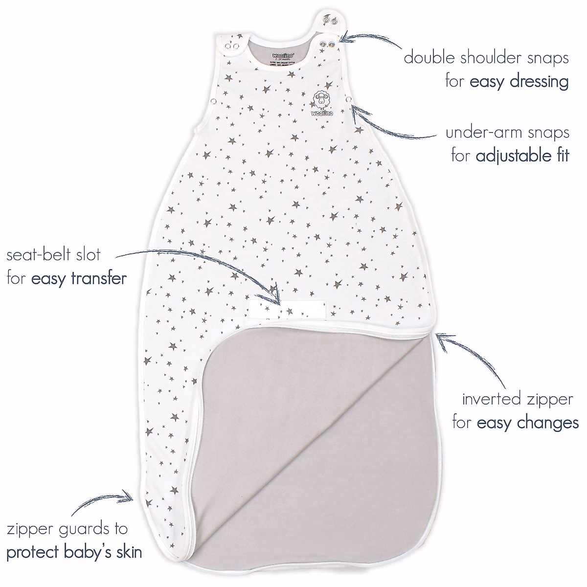 Woolino 4 Season Toddler Sleeping Bag, Merino Wool and Organic Cotton Baby Sleep Bag Sack, 2-4 Years, Space (Glow In The Dark)