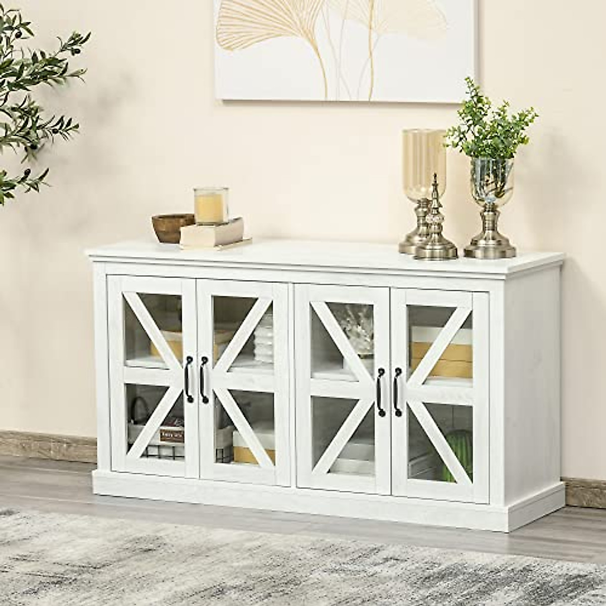 HOMCOM Sideboard Buffet Cabinet, Glass Door Credenza, Coffee Bar Cabinet with Adjustable Shelf, White