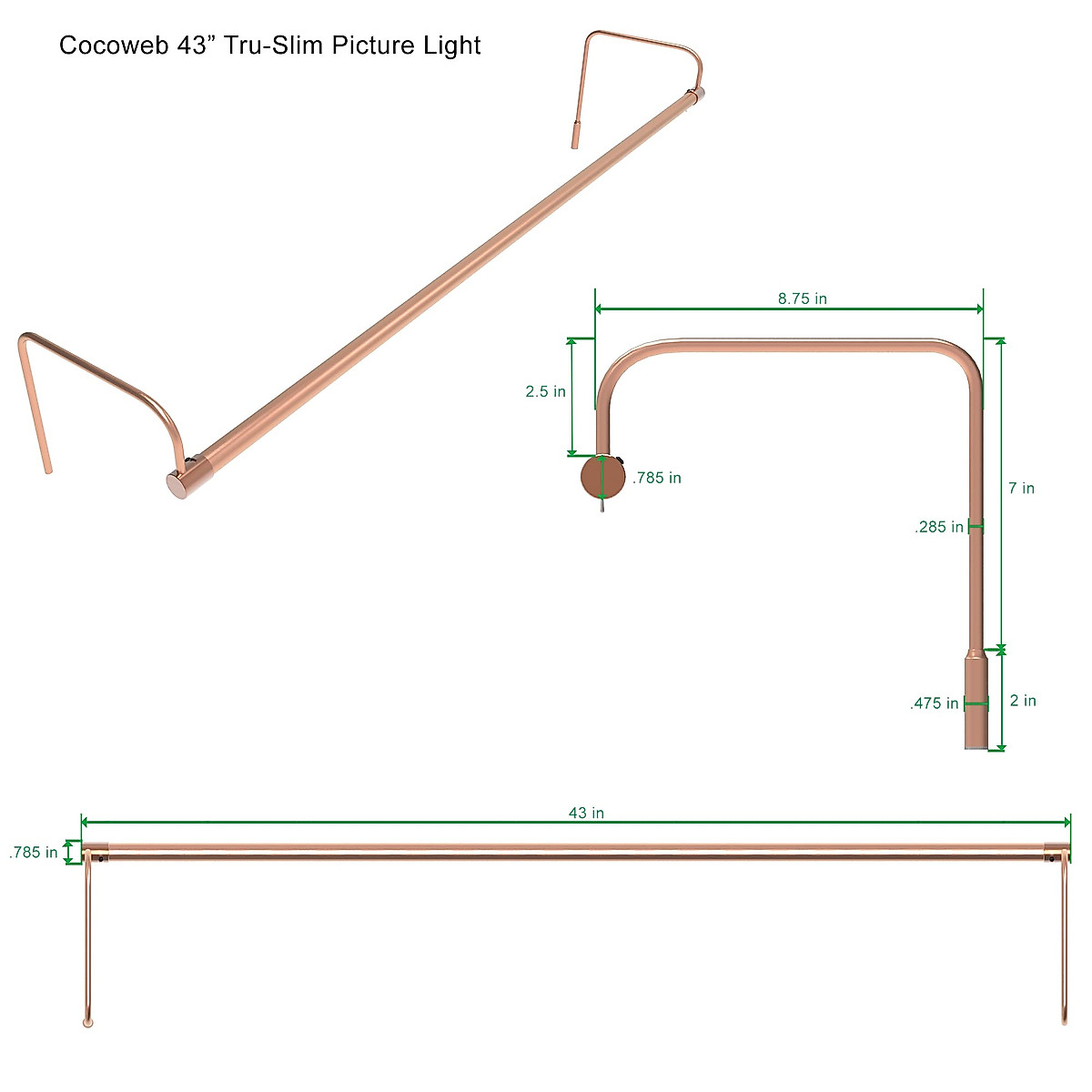 Cocoweb 43" Tru-Slim LED Picture Light in Rose Gold with Non-Dimmable Hardwire Kit with Remote