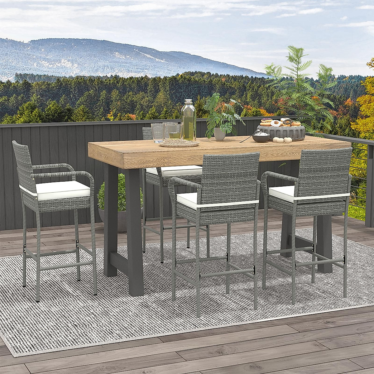 COSTWAY Wicker Bar Stools Set of 4, Patio Bar Height Chairs with Cushions, Armrests and Footrests, Outdoor Rattan Barstools for Backyard, Deck, Pool, 400 lbs Max Load, Mix Gray (4)