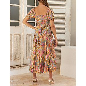 ZESICA Women's 2025 Summer Boho Floral Print Square Neck Ruffle Swing Beach Long Maxi Dress,GreyGreen,Medium