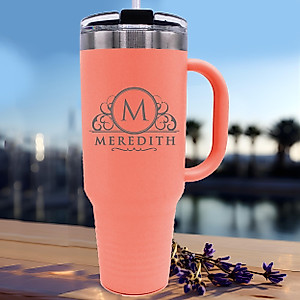 Custom Monogrammed 40 oz Tumbler with Handle, Lid and Straw - Personalized Insulated Stainless Steel Large Cup (Coral)