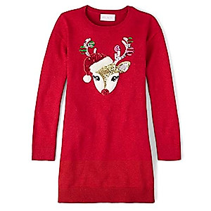The Children's Place Girls' Long Sleeve Fashion Dress, Red Chistmas Reindeer, Large (10/12)