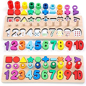 BEKILOLE Wooden Montessori Toys for Kids Toddler Number Puzzles Sorter Counting Shape Stacker Stacking Game Preschool Toys for Boy Girl Learning Education Math Blocks 3+ Year Old Girl Gifts