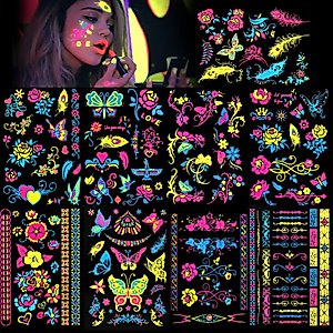 HOWAF 9 Large Sheets Neon Glow in The Dark Temporary Tattoos,100+ Assorted Designs Glow UV Neon Body Face Flowers Butterfly Flash Fake Waterproof Tattoo Stickers for Women Men Girls Body Art