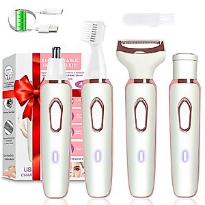 Electric Lady Shaver, Women Razors for Shaving Cordless 4-in-1 Painless Shaver for Women Face, Legs and Underarm, Portable Bikini Trimmer Wet & Dry Hair Removal, Cordless - Micro USB Rechargeable