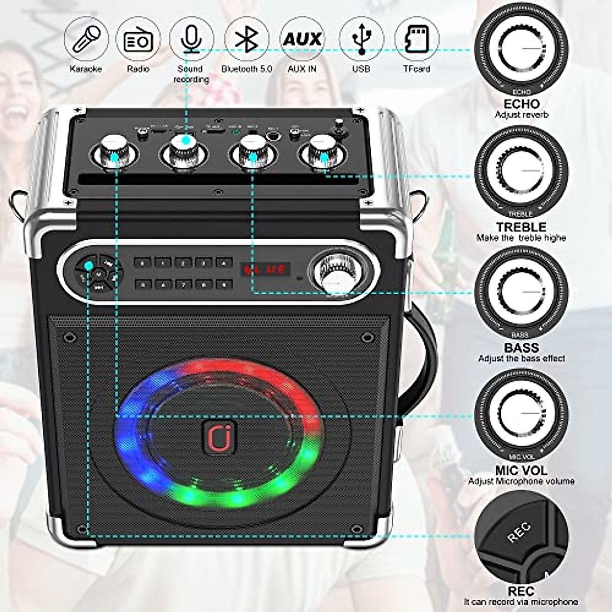 JAUYXIAN Bluetooth Speaker with Two Wireless Microphones, Outdoor Speaker with Subwoofer/Tweeter, Portable PA Speaker System with Remote Control, Discol Lights, FM, REC for Home, Party