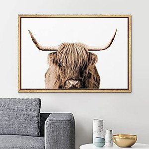 SIGNLEADER Framed Canvas Print Wall Art Brown Full-Frame Closeup of Highland Cow Animals Wilderness Photography Realism Portrait Relax/Calm Duotone for Living Room, Bedroom, Office - 24"x36" NATURAL