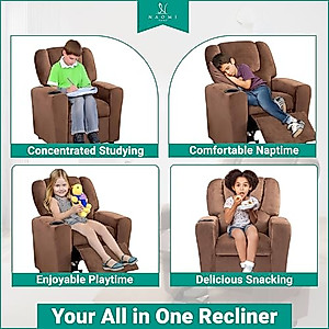 Naomi Home Suri Push Back Kids Recliner Chair with Footrest & Cup Holders, Push Back Toddler Recliner with Cup Holder, PVC Kids' Recliners for Age 3+, Kid Recliners for Girls Boys - Brown