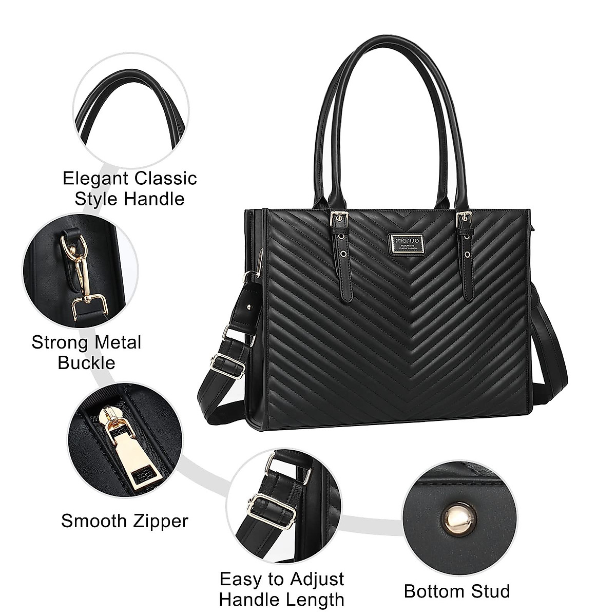 MOSISO Laptop Tote Bag for Women, 15.6 inch Computer Bag Compatible with MacBook, HP, Dell, Asus Notebook, 16 inch Large Capacity Quilted Leather Laptop Handbag with Clutch Purse, Black