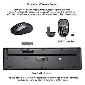 Wireless Keyboard and Mouse Combo, 2.4G Silent Cordless Keyboard Mouse Combo for Windows Chrome Laptop Computer PC Desktop, 106 Keys Full Size with Number Pad, 1600 DPI Optical Mouse (Black)