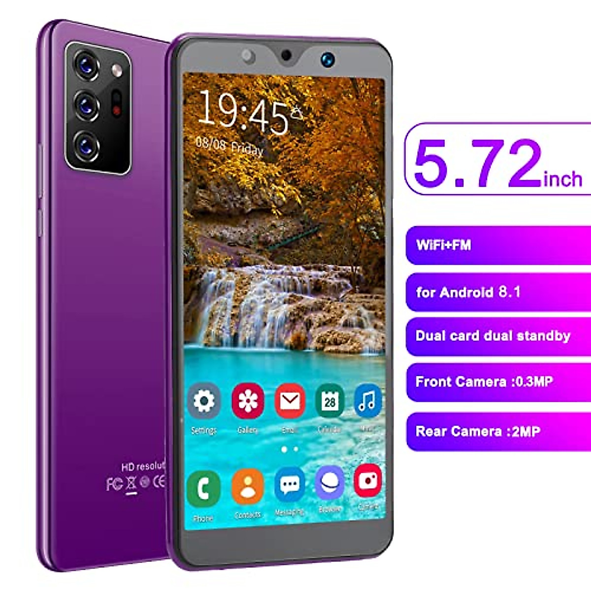 Jazar Smartphone, Powerful Processor Dual Cards Dual Standby 128Gb Expandable Storage Fingerprint Unlock Smart Phone, Note30 Plus 854X480 Resolution for 8.1(Purple)