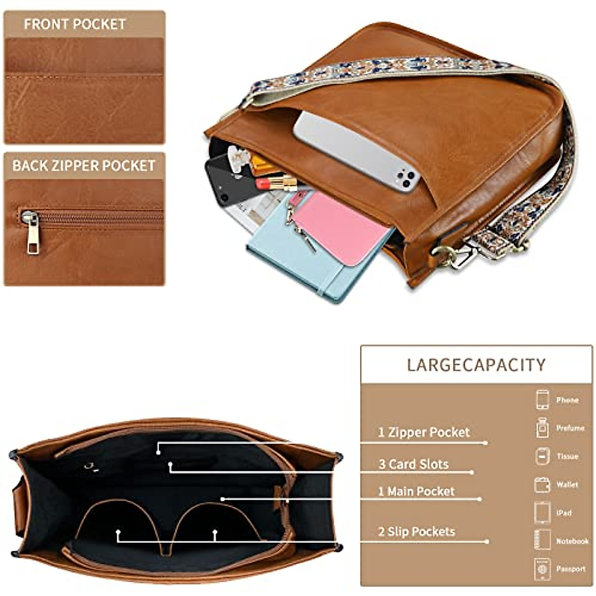 KITATU Crossbody Bag for Women Hobo Handbags - Vegan Leather Designer Purse Shoulder Zipper Bag with 2 Adjustable Straps (Medium, A-Brown(with slim wallet))