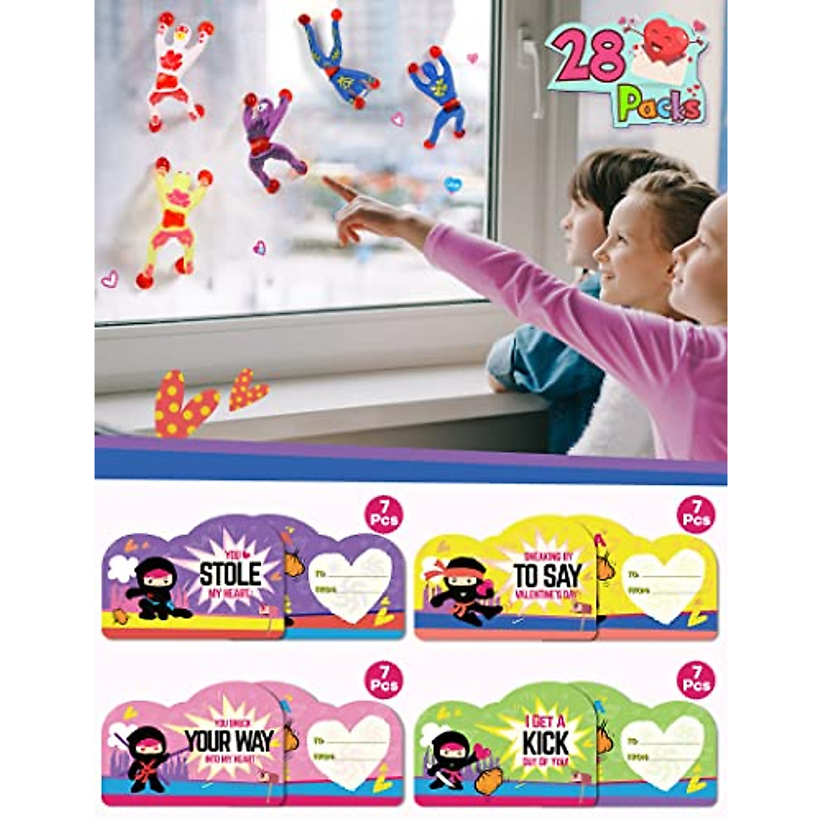 DG-Direct 28 Packs Valentine's Day Cards with Sticky Wall Climbing Men Ninja Toys, Kids Valentine Party Favor, Valentine's Day School Classroom Prizes, Valentine Exchange Gift