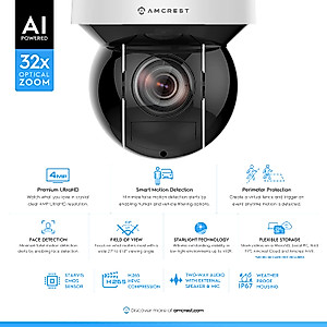 Amcrest 4MP Outdoor PTZ POE + IP Camera Pan Tilt Zoom (Optical 32x Motorized) UltraHD POE+ Camera Security Speed Dome, People and Vehicle Detection AI, 492ft Night Vision POE+ (802.3at) IP4M-1083EW-AI