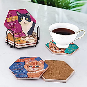 ONENAX Drink Coaster with Holder, 7 Pcs Set Beverage Coaster, Cat Pattern Hexagon Style Coaster for Tabletop Protection, Ceramic Top and Cork Backing. Gift Idea
