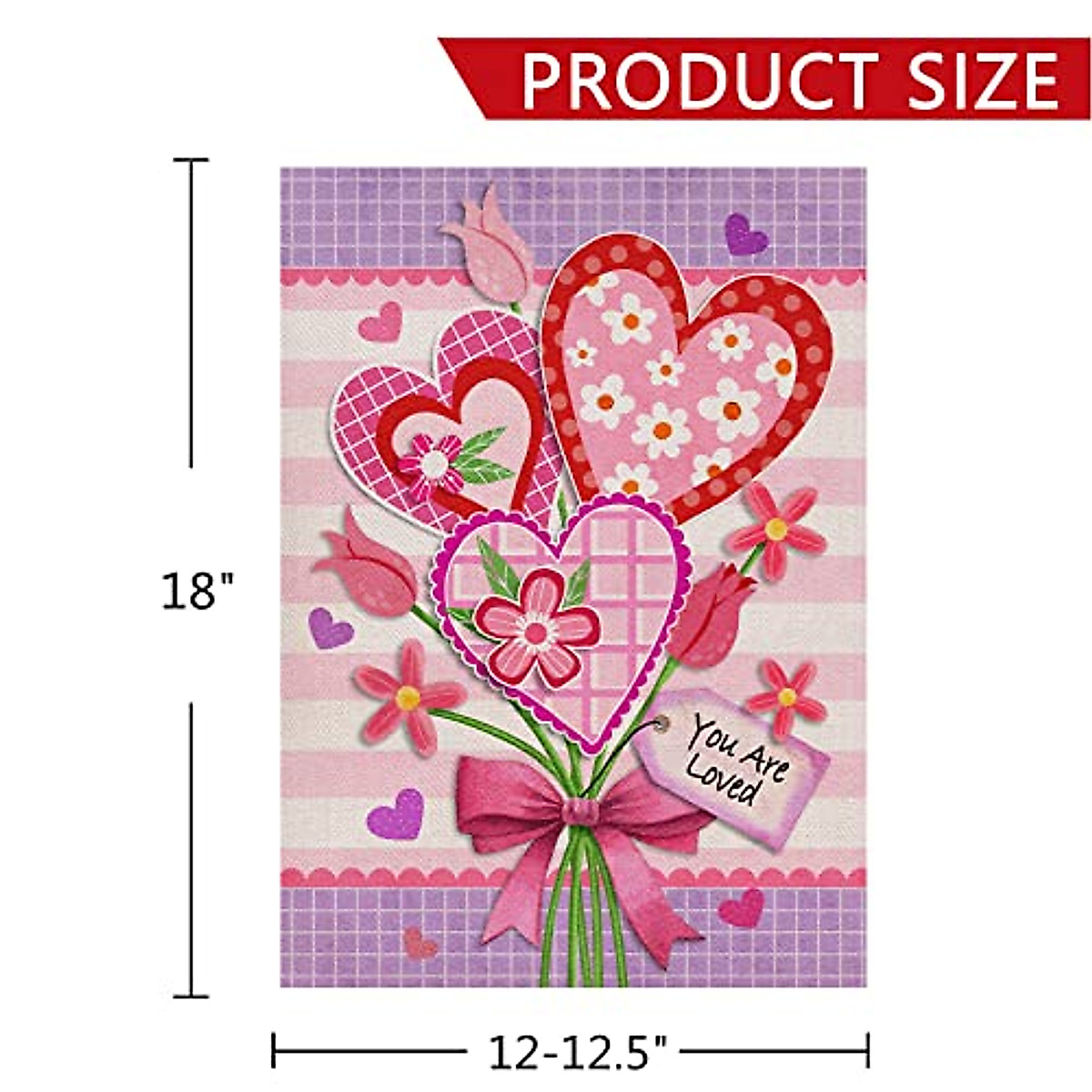 Dyrenson Happy Valentine's Day Pink Red Love Hearts Flower Decorative Garden Flag, Floral Purple Buffalo Plaid Check Farmhouse Yard Outside Decorations Wedding Anniversary Outdoor Small Decor 12x18