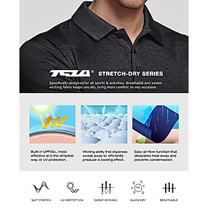 TSLA Men's Long Sleeve Cooling Polo Shirts, UPF Sun Protection Stretch Cool Dry Golf Shirt, Active Business Casual Shirts, Stretch Dry Polo Heather Black, XX-Large