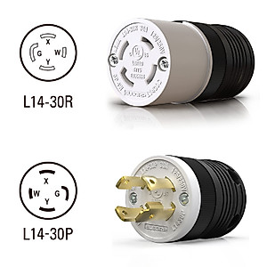 ELEGRP NEMA L14-30P Locking Plug, Generator Twist Lock Adapter Male Plug, 30 Amp 125/250V 3 Pole 4 Wire Grounding, Industrial Grade Heavy Duty, UL Listed (1 Pack, Black/White)