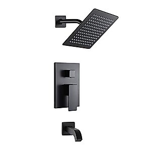 POP SANITARYWARE Black Tub and Shower Faucet Set Bathroom Luxury Rain Mixer 8 Inch Shower Head System with Tub Spout Single Handle Tub and Shower Trim Kit with Valve