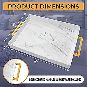 Acrylic Serving Tray with Gold Handles, 16" x 12" Decorative Trays for Coffee Table, Spill Proof Food and Drinks Server, Ottoman Tray for Countertop, Kitchen, Vanity, Serving Party Platter (Marble)