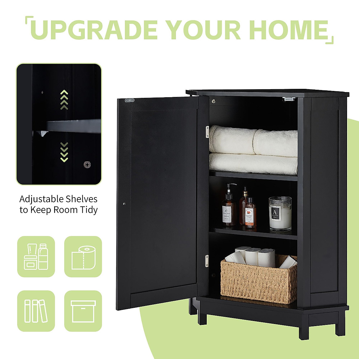 Mancofy Home Corner Storage Cabinet, Bathroom Triangle Corner Floor Cabinet, Wood Freestanding Corner Cabinet with Single Door and Shelves (Black)