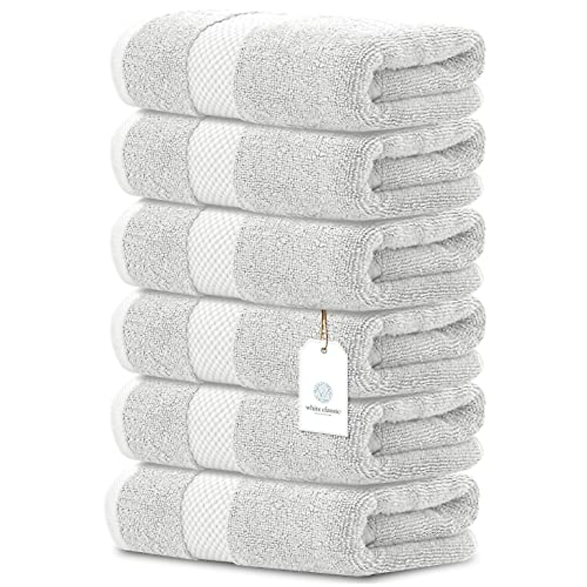 White Classic Luxury Hand Towels | 6 Pack Luxury Cotton Washcloths | 12 Pack Bundle (Silver)