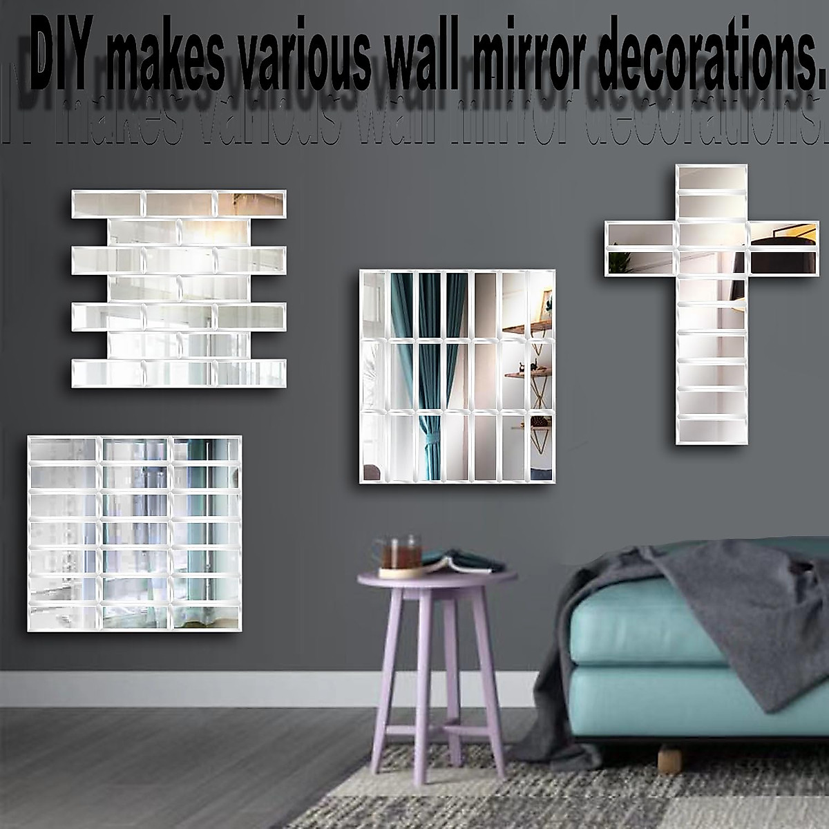 XIHACTY 64 Pcs Peel and Stick Beveled Mirror Glass Tile.2.5x1 Inch Mirror Backsplash Tiles. Cute Mirror Strip Tile for Kitchen, Bathroom Wall. 64 Pcs