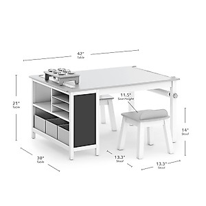 Martha Stewart Kids' Jr. Art Center with Stools and Bins - Creamy White: Storage Bins, Paper Roller, and Paint Cups, Toddlers Work Station - Children's Wooden Learning Furniture