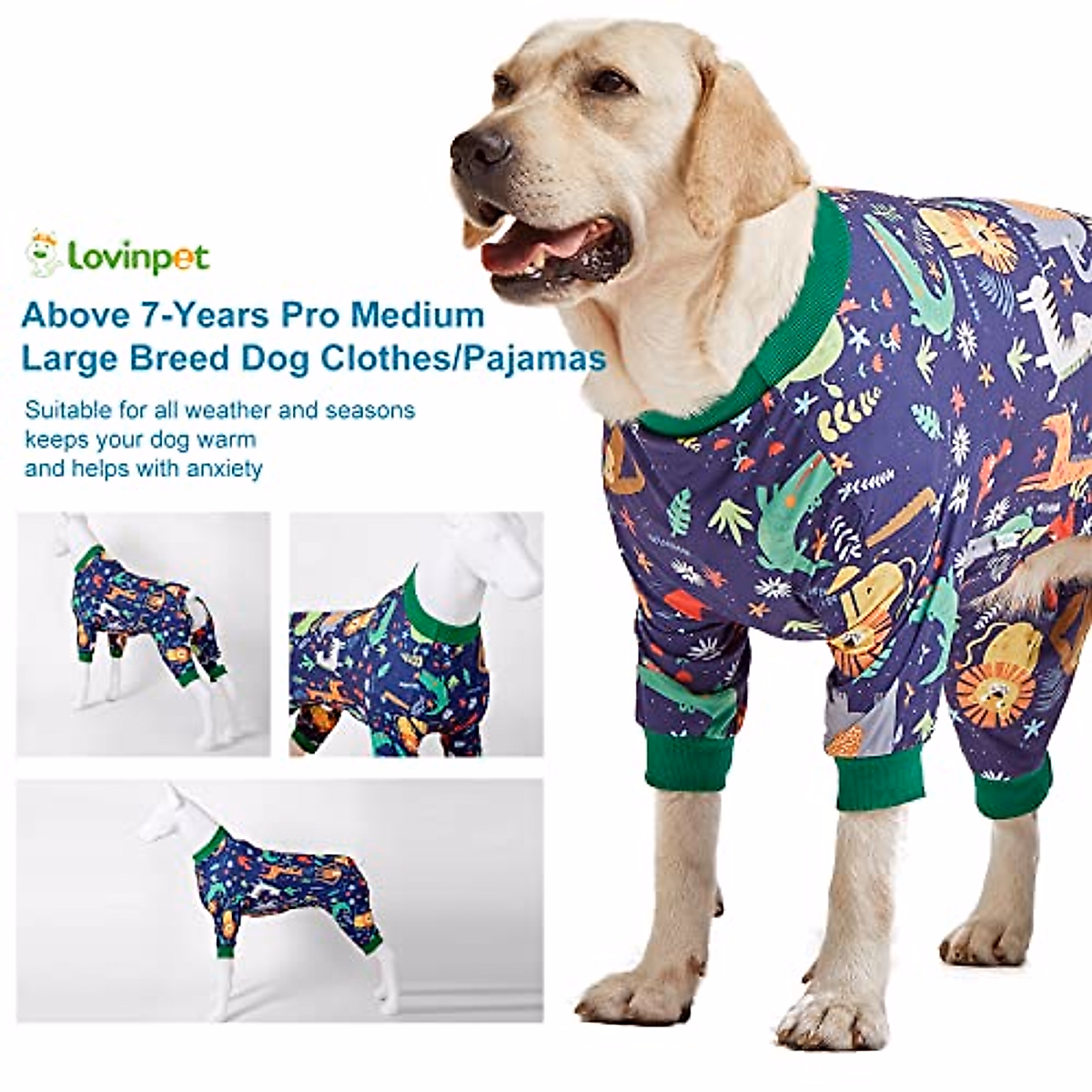 LovinPet Big Dog Outfits, Anti Licking, Dog Wound Care/Surgery Recovery Clothes, Lightweight Stretch Jersey Knit, Animal Kingdom Blue Print, Large Breed Dog Clothes, Pet PJ's/Medium
