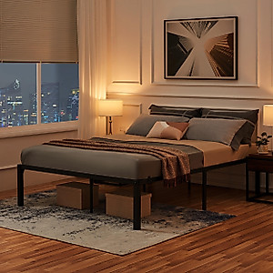 Yaheetech Queen Bed Frame with Storage Space, No Box Spring Needed, 16 Inches Powerful Storage Space, Sturdy Steel Slat Support, Black