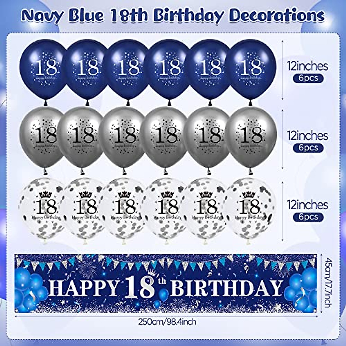 Blue 18th Birthday Decorations for Boys Girls, Navy Blue Silver Happy 18th Birthday Banner and 18th Birthday Balloons for 18th Birthday Anniversary Party Supplies, Eighteen Year Old Party Decorations