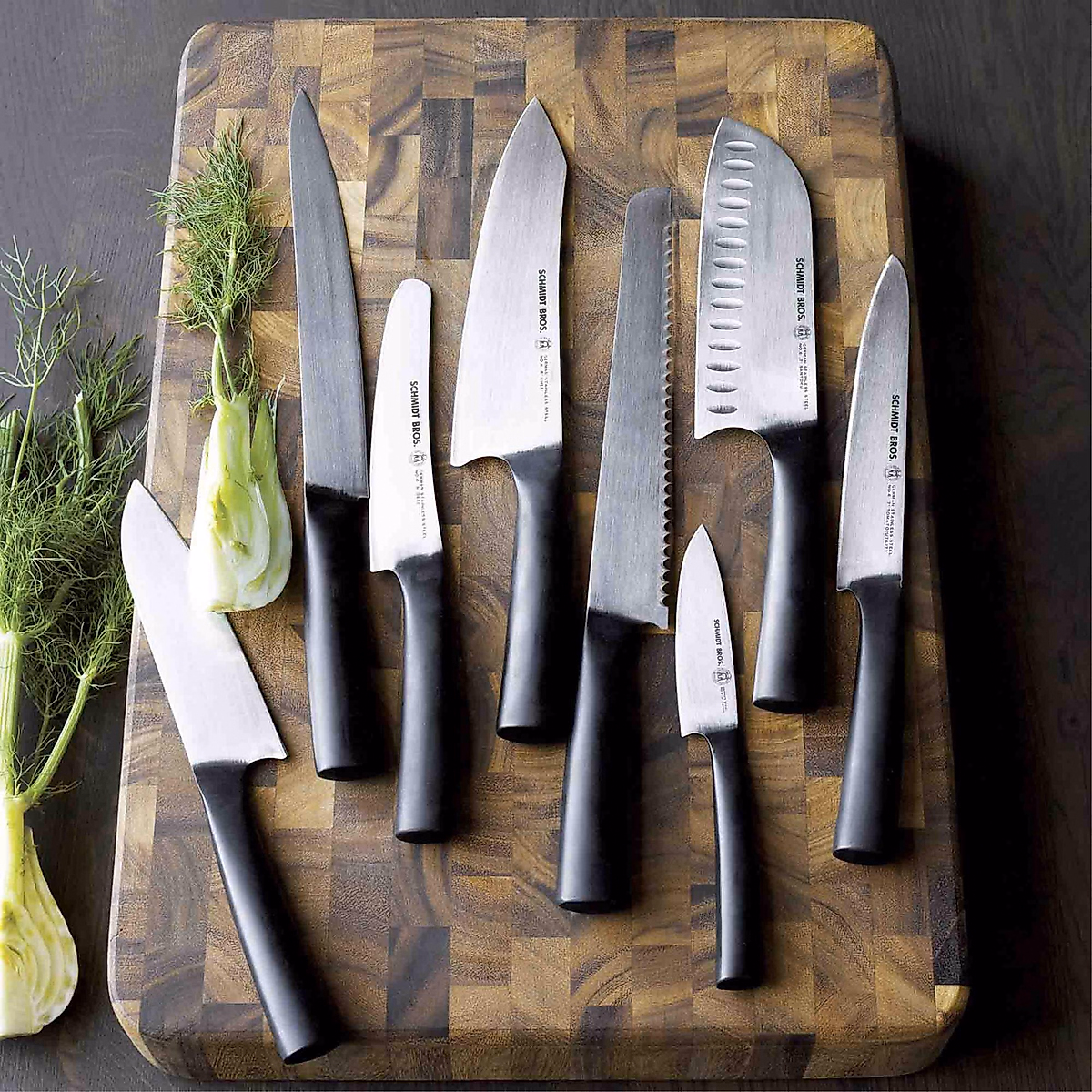 Schmidt Brothers - Carbon 6, 7-Piece Kitchen Knife Set, High-Carbon Stainless Steel Cutlery with Midtown Acacia and Acrylic Magnetic Knife Block