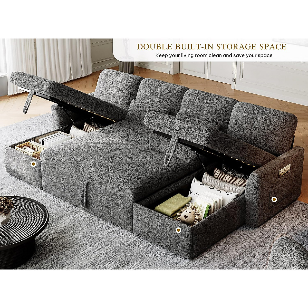 YITAHOME 105" Oversized Sleeper Sofa, 2 in 1 Convertible Sofa Bed with Pull Out Couch Bed and Dual Storage Chaise, U-Shape Sectional Sofa for Living Room, Teddy Fleece, Grey