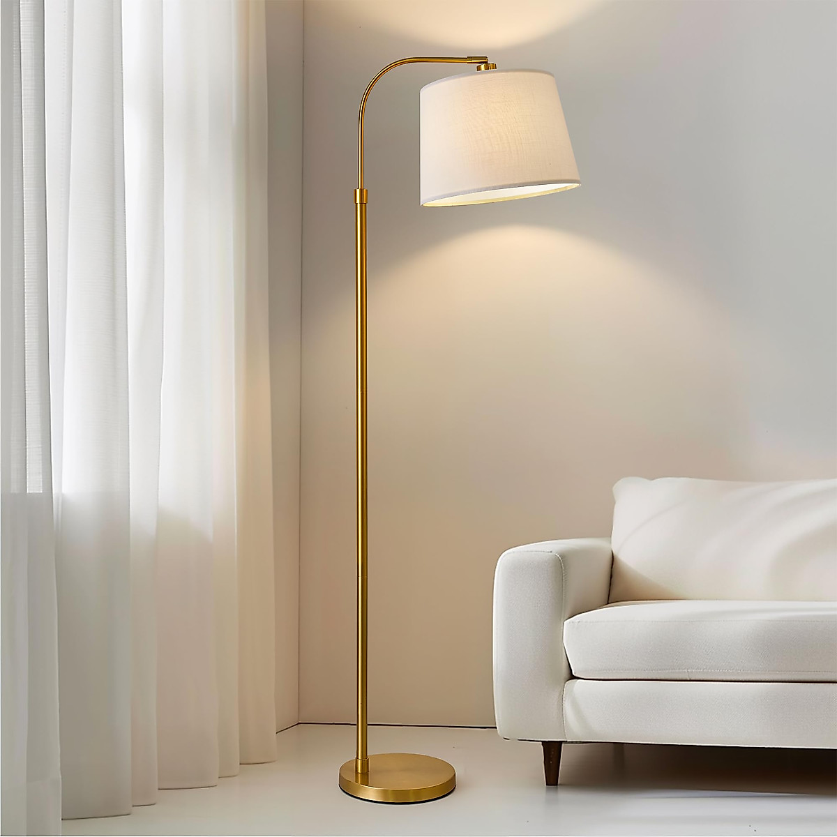 Oneach Modern Floor Lamp for Living Rooms LED Contemporary Arc Standing Lamps for Bedrooms Accent Tall Pole Gold Light for Reading with Hanging Lamp Shade Antique Brass