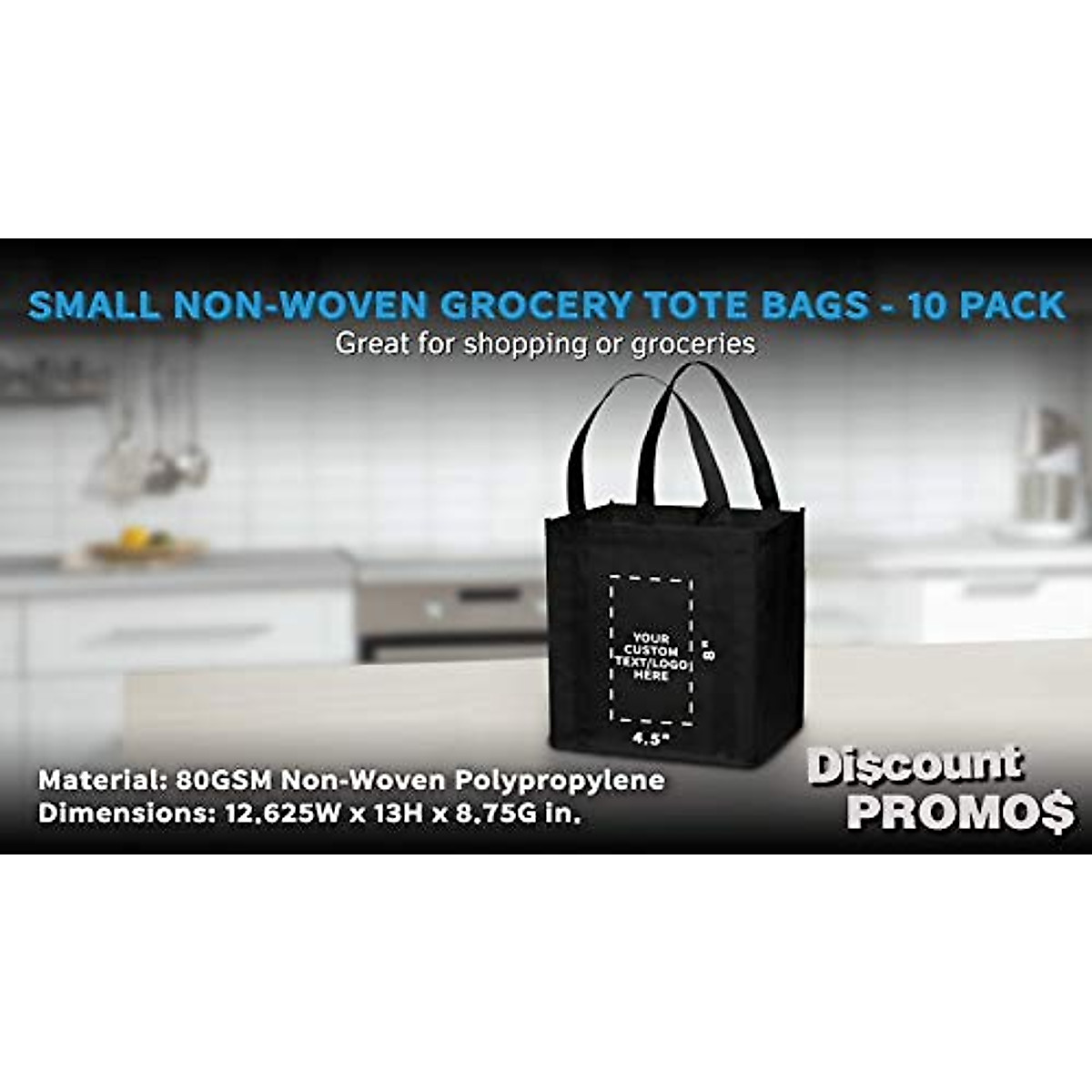 DISCOUNT PROMOS Custom Reusable Grocery Tote Bag for Shopping - 10 Pack - Personalized Logo, Text -Small Foldable Bags – Black