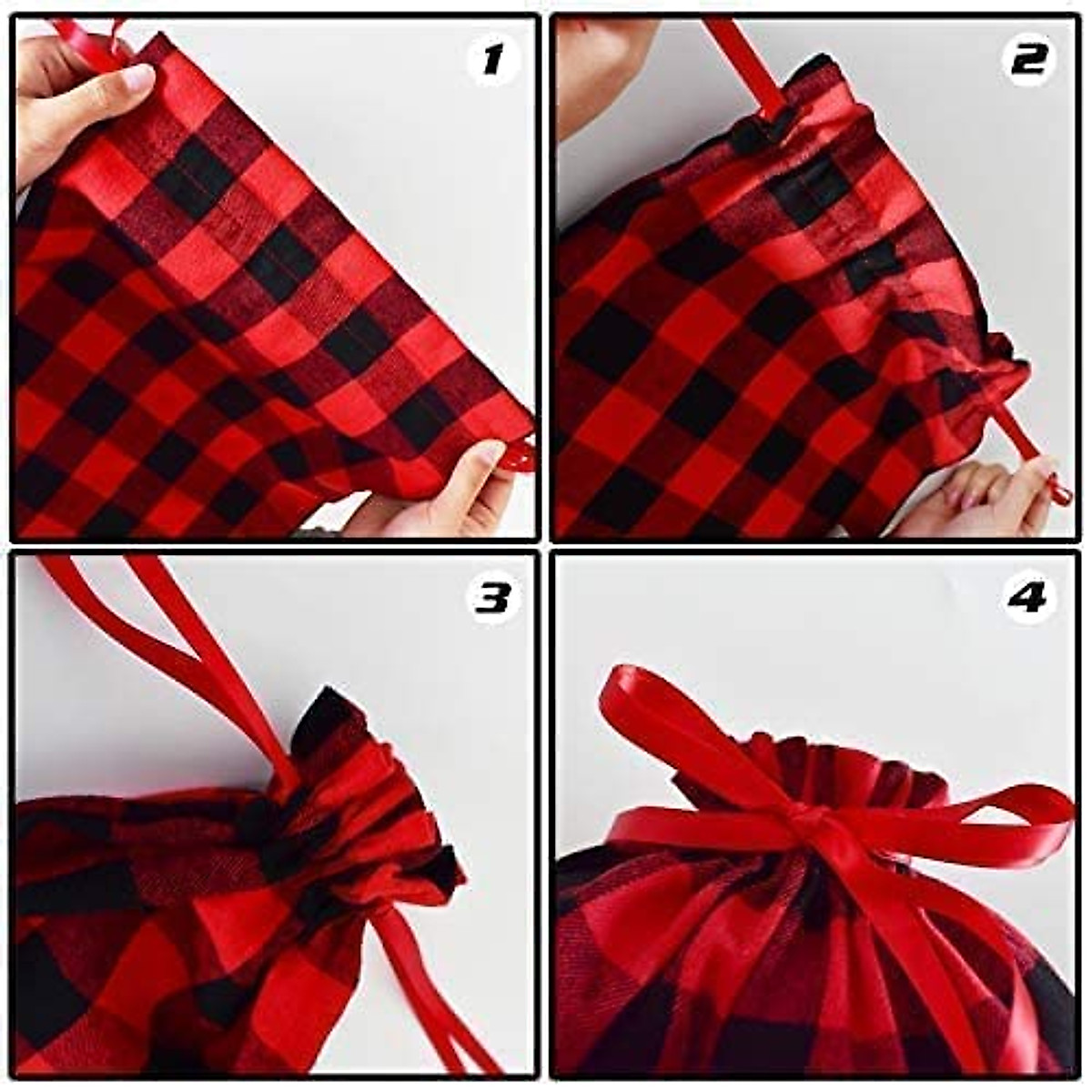 Halatool 8 Pack Red Buffalo Plaid Christmas Bags with Ribbon Durable Drawstring Bag Storage Sack for Xmas Tree Accessories Candy Presents Wrapping Supplies