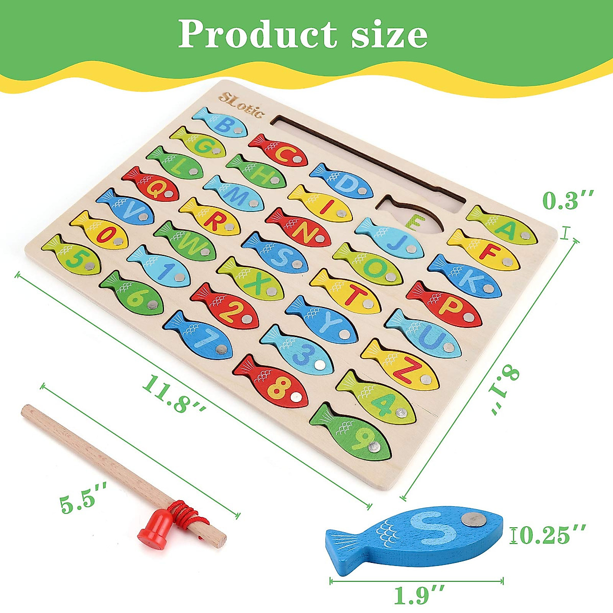 Slotic Magnetic Wooden Fishing Game Toy for Toddlers - Alphabet ABC Fish Catching Counting Learning Education Math Preschool Board Games Toys Gifts for 3 4 5 Years Old Girl Boy Kids