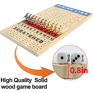 Grhonior Large 21 inches Horse Racing Board Game with 11 Luxury Metal Horses Thickened Wood Game Chessboard Including Dice and Cards FINISH LINE Race Game Board