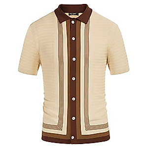 Mens Short Sleeve Vintage Stripe Knit Polo Shirts 60s Retro Sweater Polo Beige M