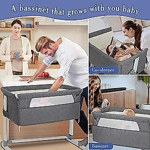 PEARLOVE 3 in 1 Baby Bassinet Bedside Sleeper, Bedside Crib with 6 Adjustable Height, Soft Mattress & Wheels, Portable Easy to Assemble Bassinet, Baby Cribs for Infant Newborn(Gray)