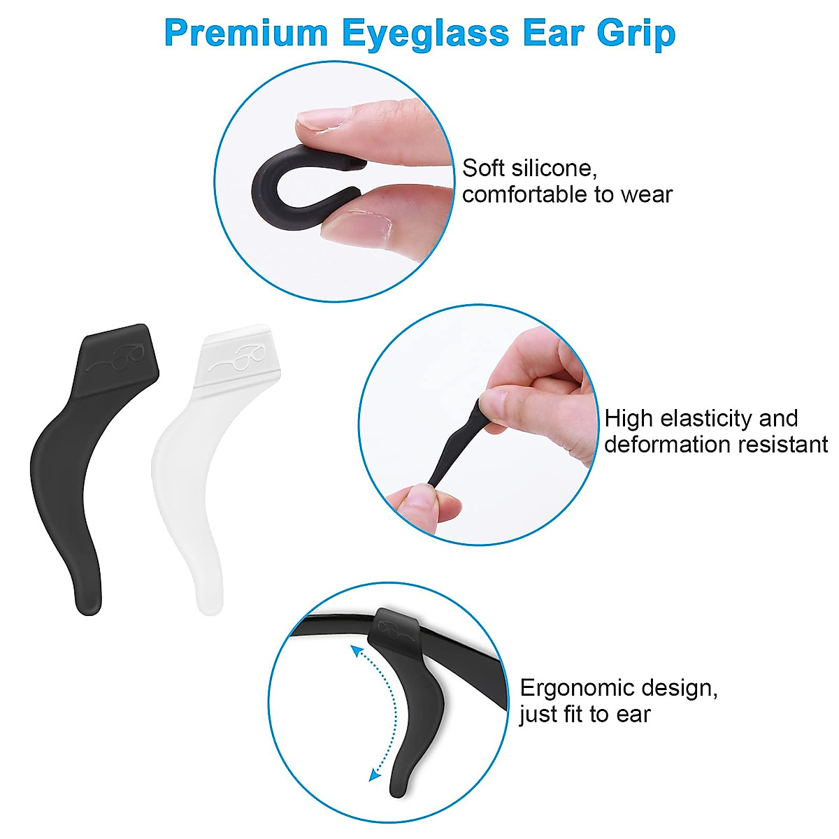 LDCREEE 12 Pairs Eyeglass Ear Grip, Anti-slip Eyeglass Holder, Premium Silicone Ear Hook, Eyeglass Temple Tips Sleeve Retainer for Glasses, Sunglasses （Black, Clear-12 Pairs）