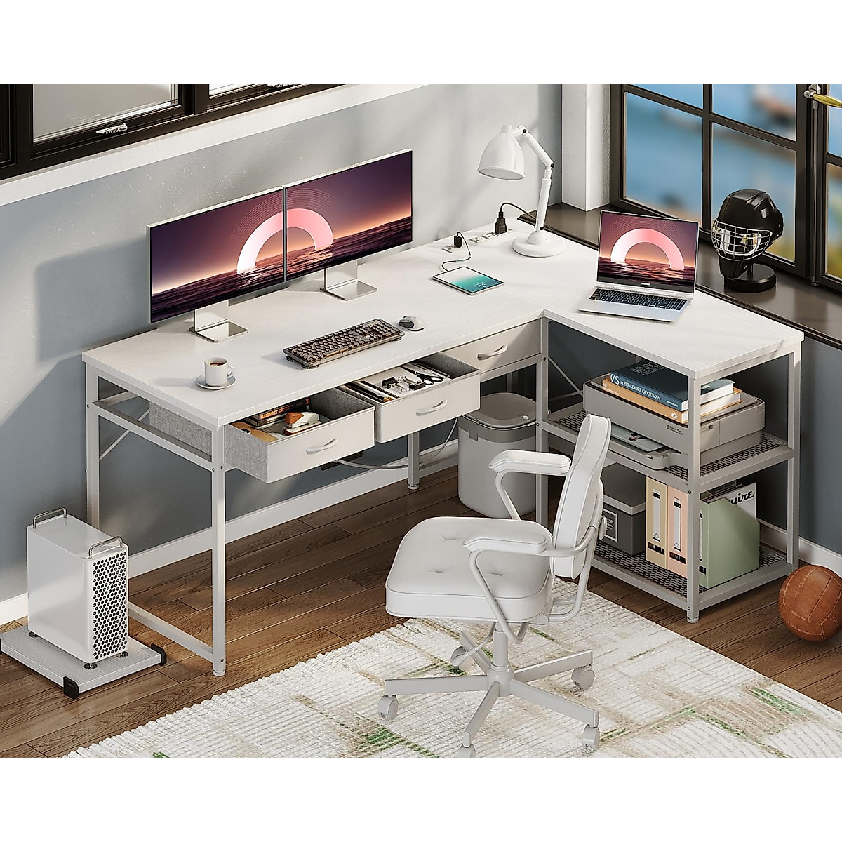 AODK 53 Inch L Shaped Computer Desk with Drawers, Corner Desk with Power Outlets & Reversible Storage Shelves, Movable CPU Stand for Home Office Gaming, White
