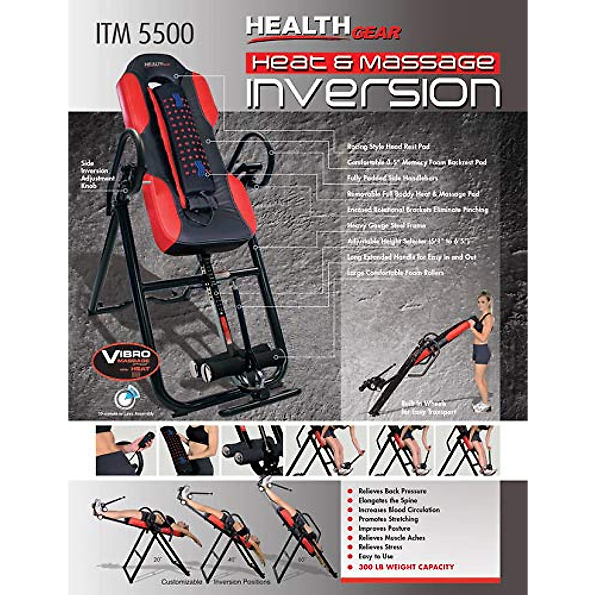 Health Gear ITM5500 Advanced Technology Inversion Table With Vibro Massage & Heat - Heavy Duty up to 300 lbs., Black/Red