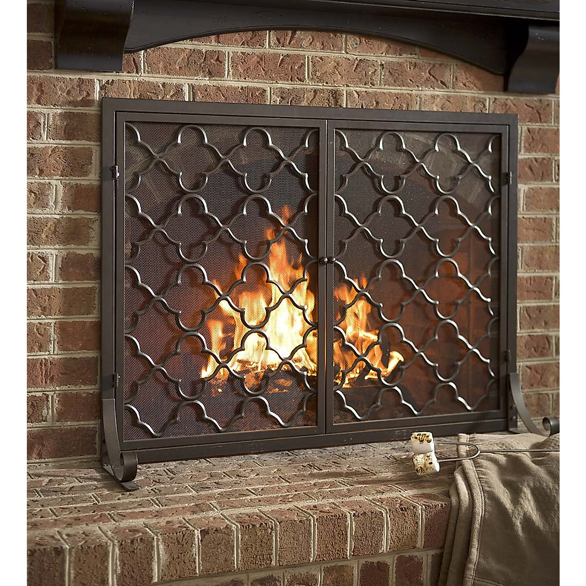 Plow & Hearth Metal Fireplace Screen Geometric Bronze | 44" W x 33" H | 2 - Door | Spark Guard Indoor Grate | Iron Fire Place Cover | Wood Burning Stove Decorative Accessories