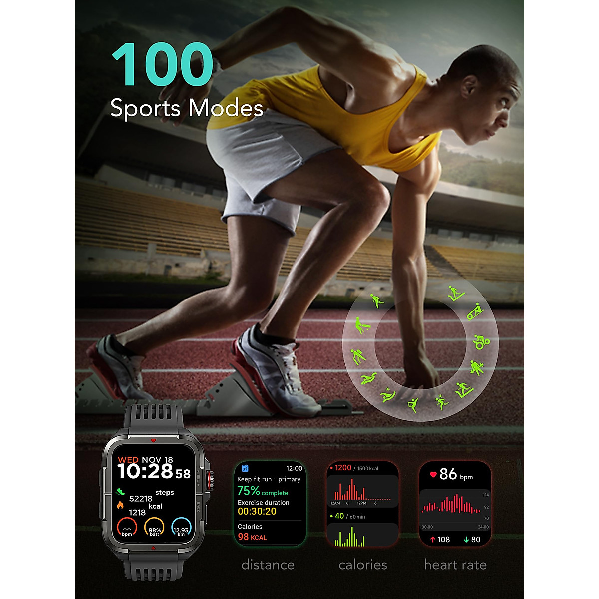 SKG R8 Military Smart Watches for Men (Answer/Make Call) Alexa Built-in, 1.8'' Rugged Bluetooth Tactical Smartwatch for Android iPhone, IP68 Waterproof Fitness Tracker Heart Rate Monitor, 2023 New