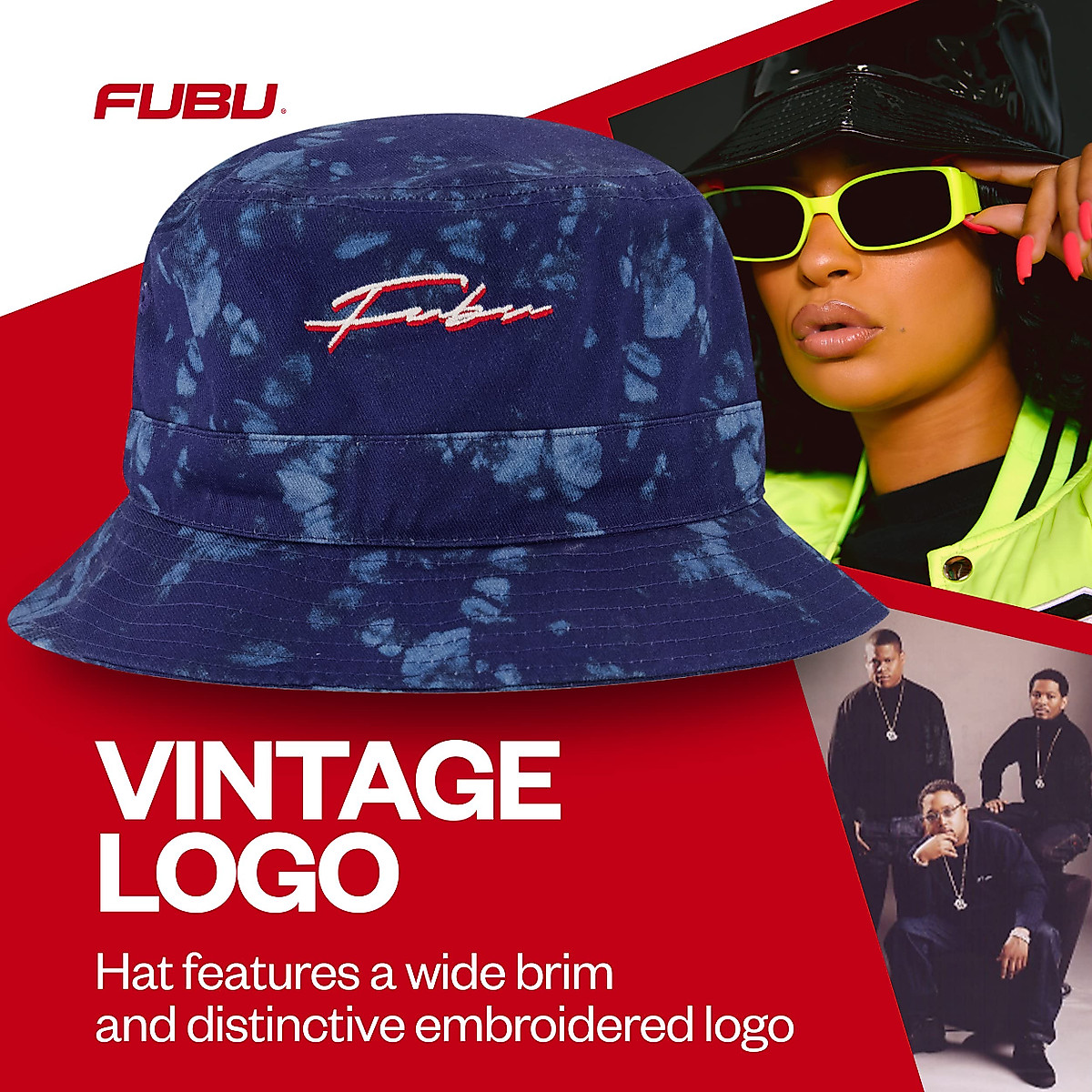 FUBU Bucket Hat, Tie Dye Cotton Twill Packable Travel Cap with Vintage Logo, Navy, One Size