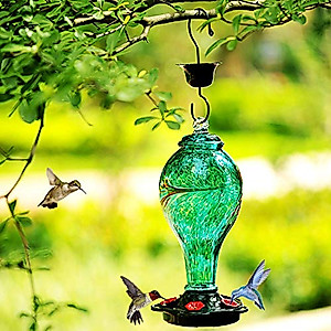 LUJII Hummingbird Feeder, Hand Blown Glass Hummingbird Feeder, Never Fade, 36 Fluid Ounces, 5 Feeding Metal Stations, Much Bigger, Garden Backyard Decorative, Containing Ant Moat (Blue)
