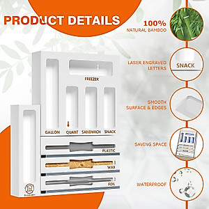 DALSHABET 9 IN1 Bamboo Storage Bag Drawer Organizer with Cutter, Foil and Plastic Wrap Dispenser for Kitchen Storage Compatible with All Brands Gallon, Quart, Sandwich & Snack Size Bags - White